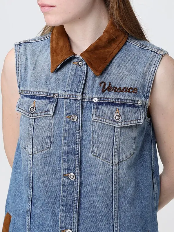 Versace Shirt Dress With Lambskin Leather Trim - Denim