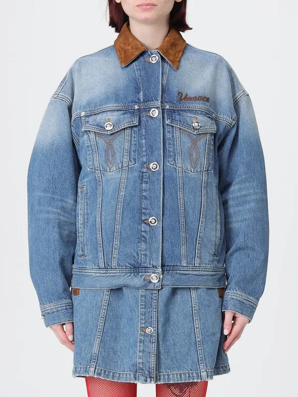 Versace Denim Jacket With Embroidered Logo And Velvet Collar