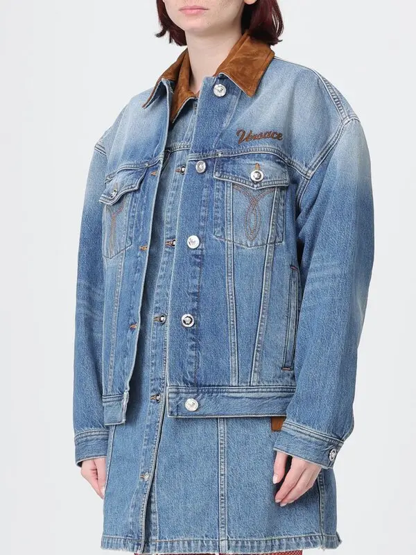 Versace Denim Jacket With Embroidered Logo And Velvet Collar
