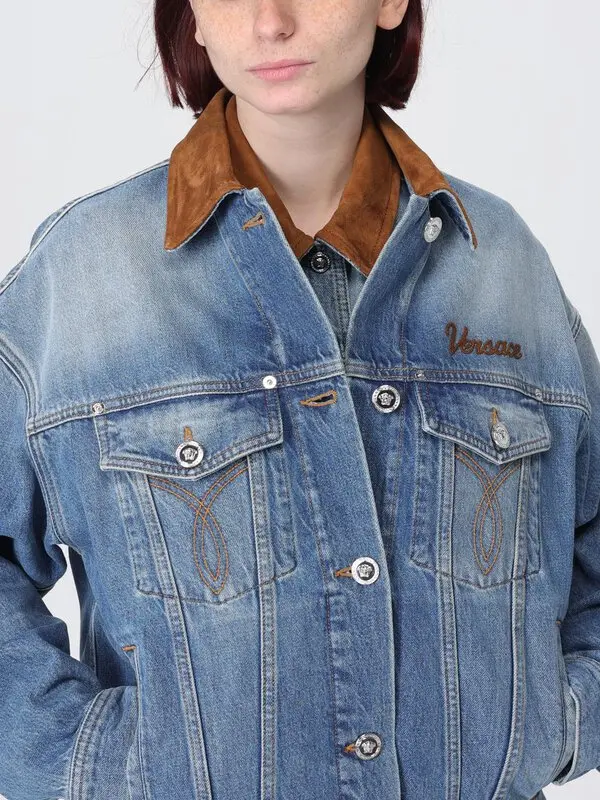 Versace Denim Jacket With Embroidered Logo And Velvet Collar