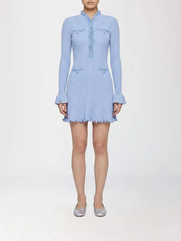 SELF-PORTRAIT Ribbed Knit Dress With Ruffled Trim - Blue