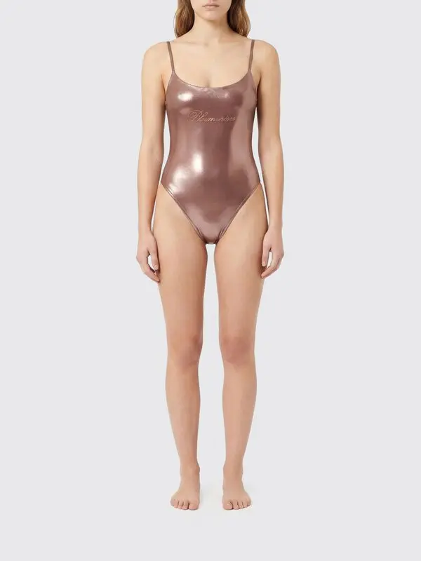 Blumarine Laminated Polyamide One-piece Swimsuit With Rhinestone Embellishment - Walnut