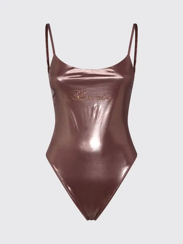 Blumarine Laminated Polyamide One-piece Swimsuit With Rhinestone Embellishment - Walnut