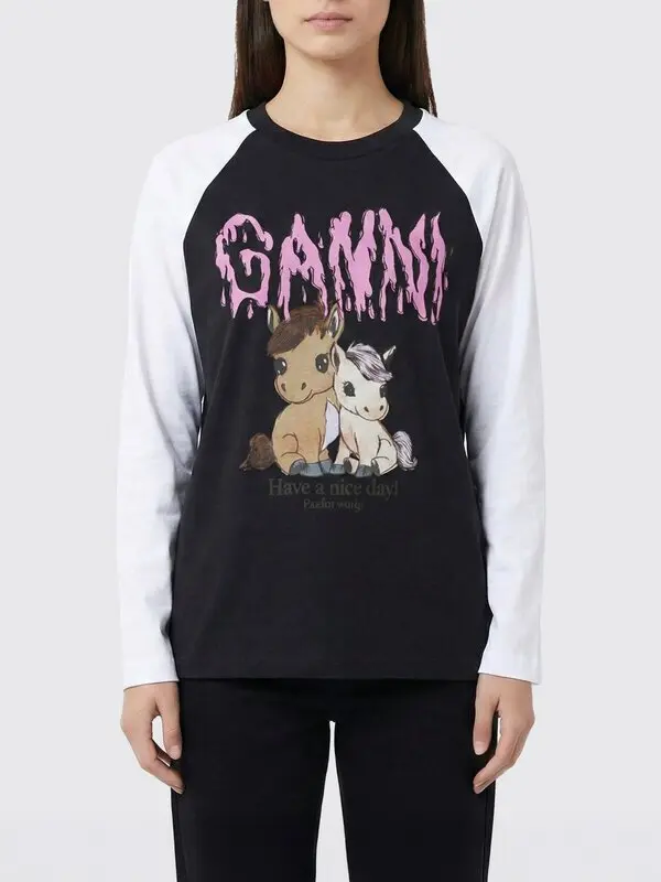 GANNI Graphic Print Long Sleeve T-shirt - Grey