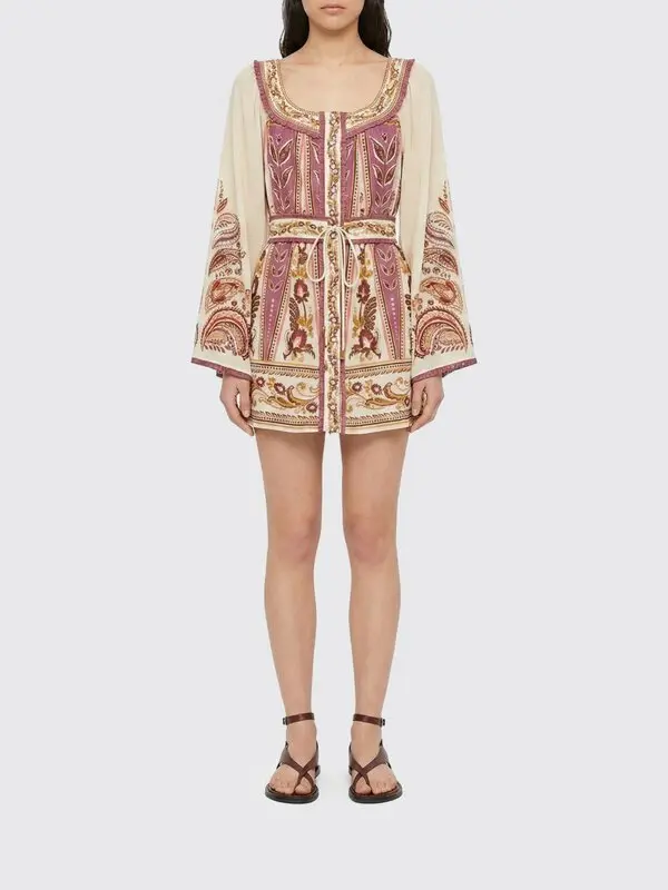 Farm Rio Viscose Mini Dress With Ethnic Pattern And Belt - Sand