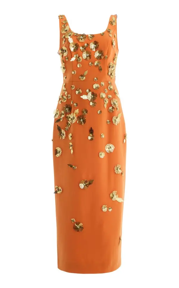 Carolina Herrera Embroidered Crepe Midi Dress - Orange