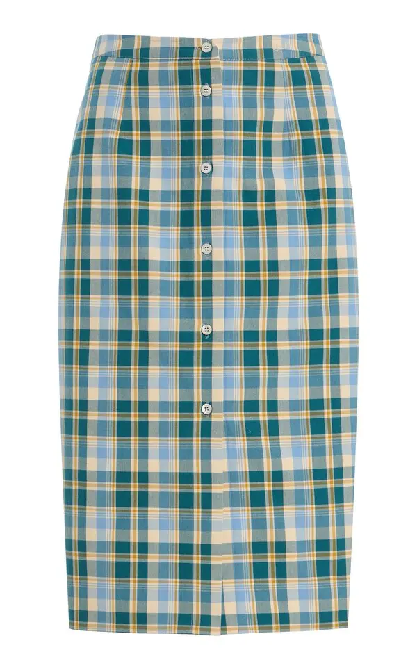 Prada Checked Cotton Midi Skirt - Green