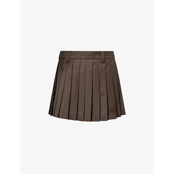 Miu Miu Logo-embroidered Pleated Wool Mini Skirt - Cacao