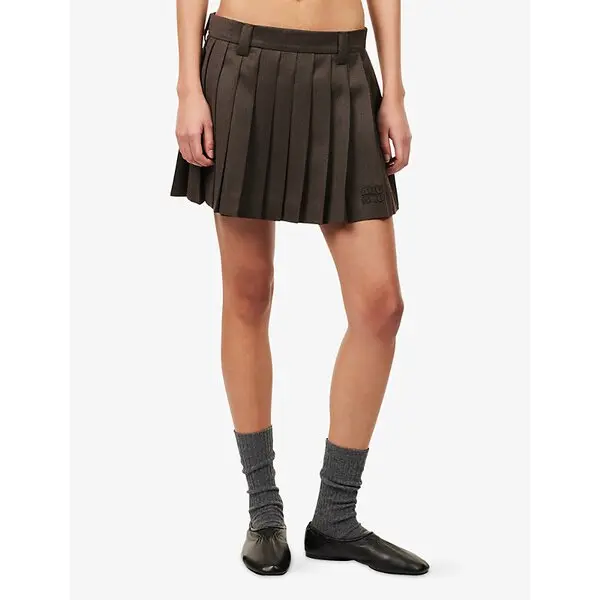 Miu Miu Logo-embroidered Pleated Wool Mini Skirt