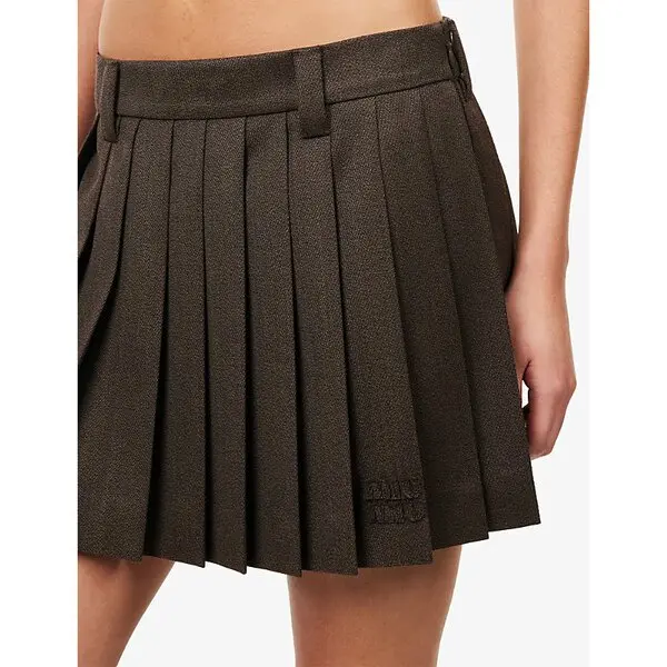 Miu Miu Logo-embroidered Pleated Wool Mini Skirt