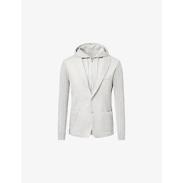 Eleventy Detachable-hood Cable-knit Cotton-and-linen Jacket - Light Melange Gray
