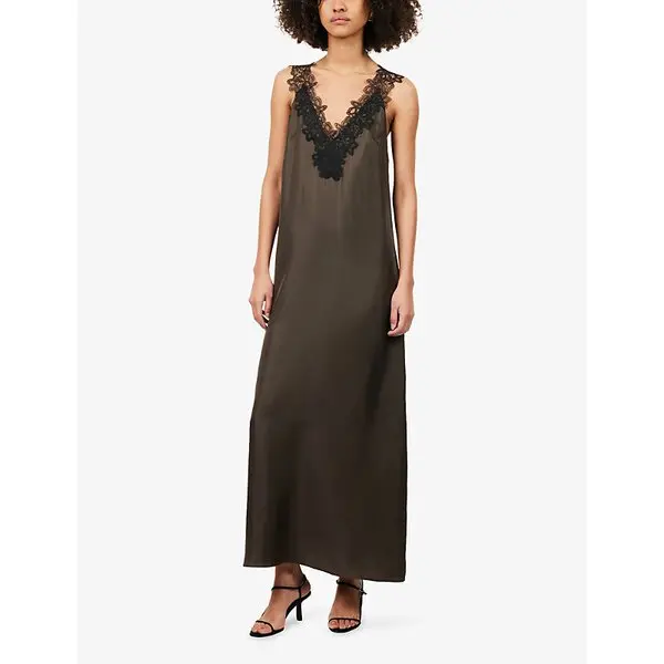 ROHE FRAMES Lace-trim V-neck Silk Maxi Dress