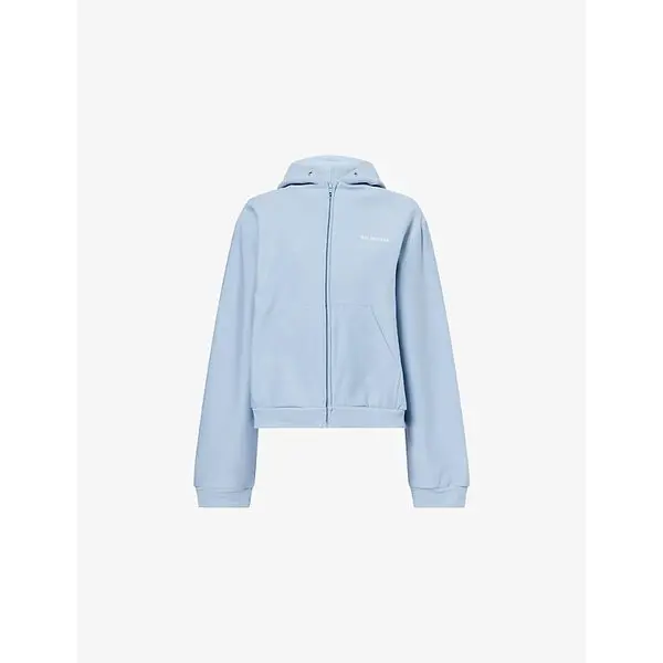 Balenciaga Logo-embroidered Zip-up Cotton Hoody - Light Blue White