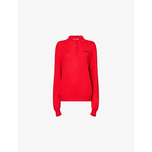 Miu Miu Logo-print Long-sleeve Wool Polo Top - Rosso