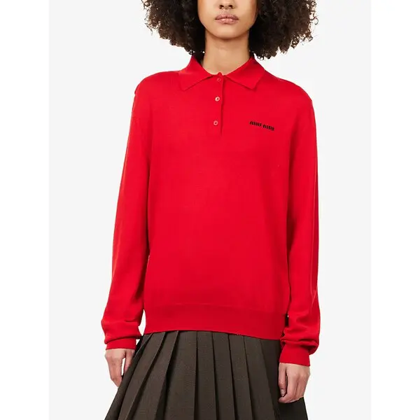 Miu Miu Logo-print Long-sleeve Wool Polo Top