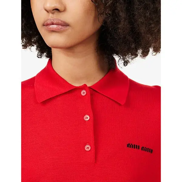 Miu Miu Logo-print Long-sleeve Wool Polo Top
