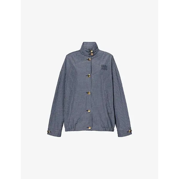 Miu Miu Brand-appliqué Checked Cotton Jacket - Bleu