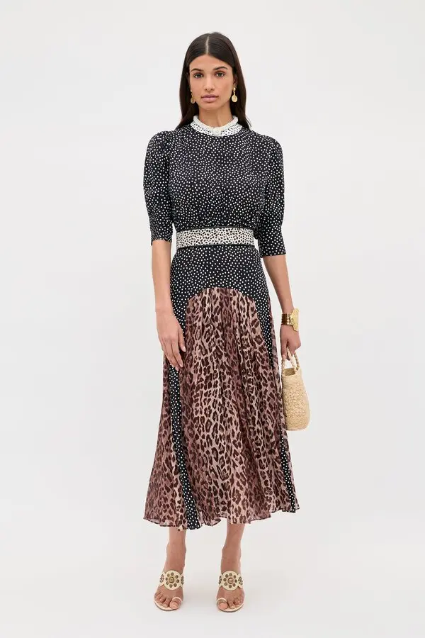 Rixo Meg Leopard Polka Dot Godet-skirt Dress