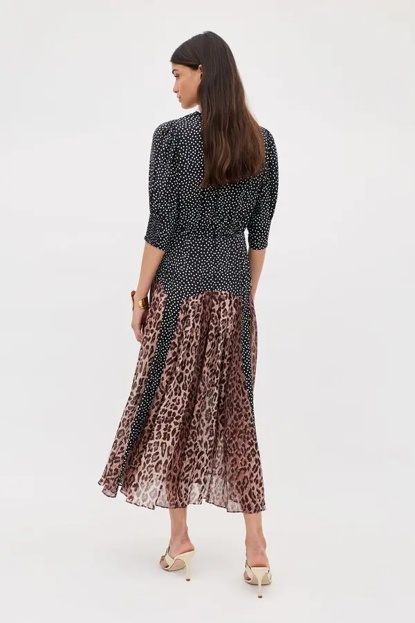 Rixo Meg Leopard Polka Dot Godet-skirt Dress