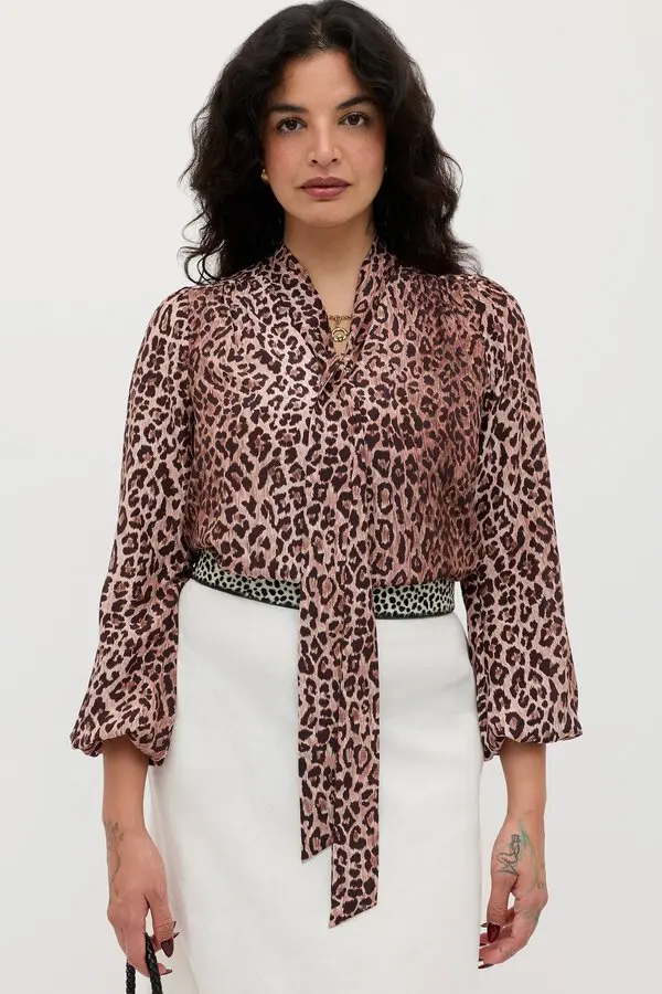 Rixo Moss Leopard Silk Blouse Regular - Brown