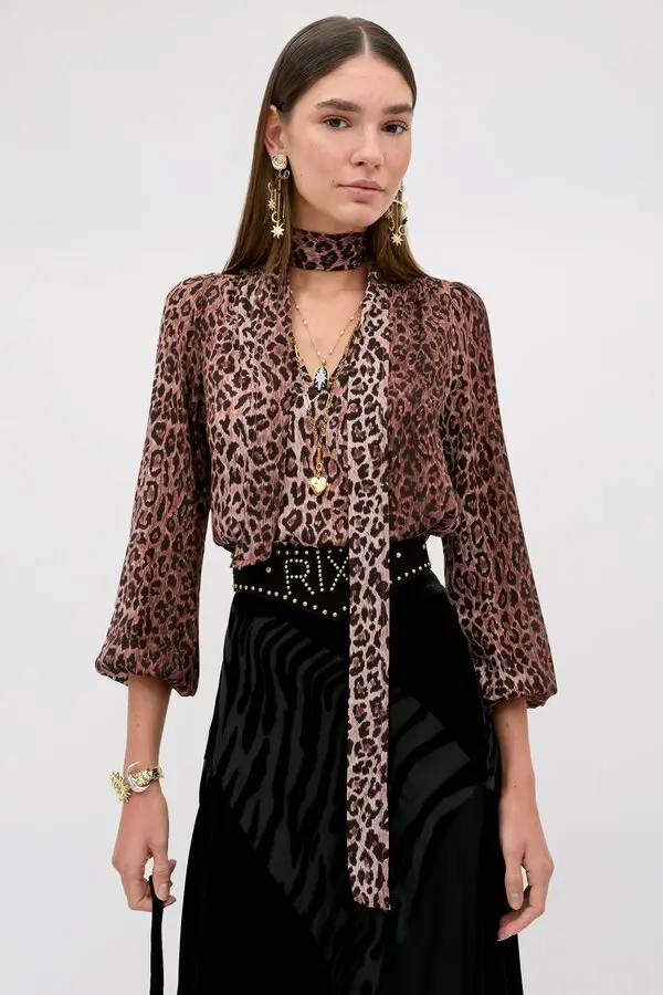 Rixo Moss Leopard Silk Blouse - Brown