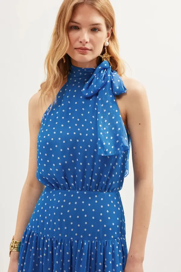 rixo blue polka dot dress Amina polka-dot crpe midi dress in blue - Rixo