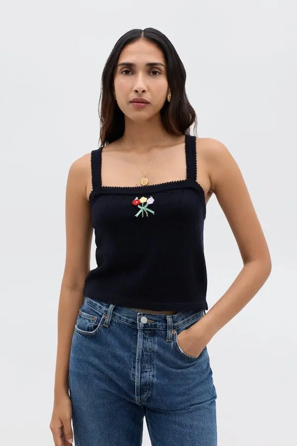 Rixo Perla Floret Embroidery Deep Regular - Navy