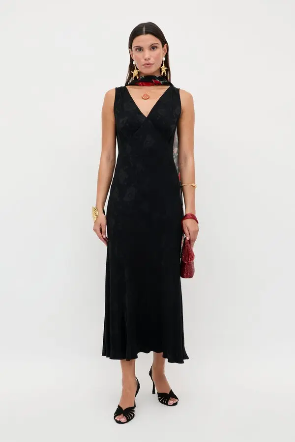 Rixo Sandrine Poppy Jacquard V-neck Midi Dress - Black