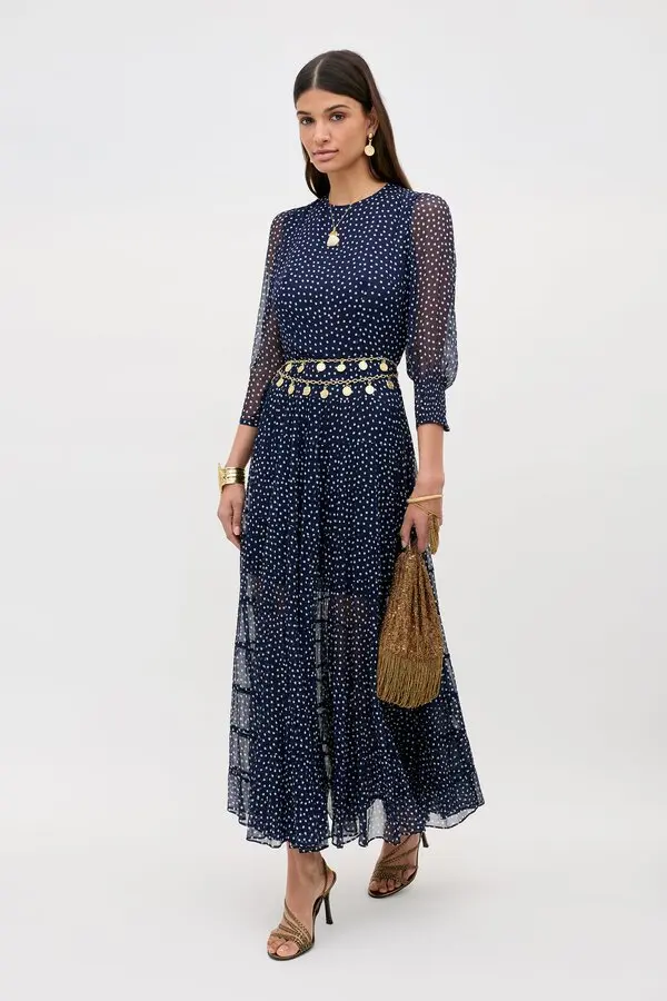 Rixo Kristen Polka Dot Tiered Midi Dress Regular - Navy