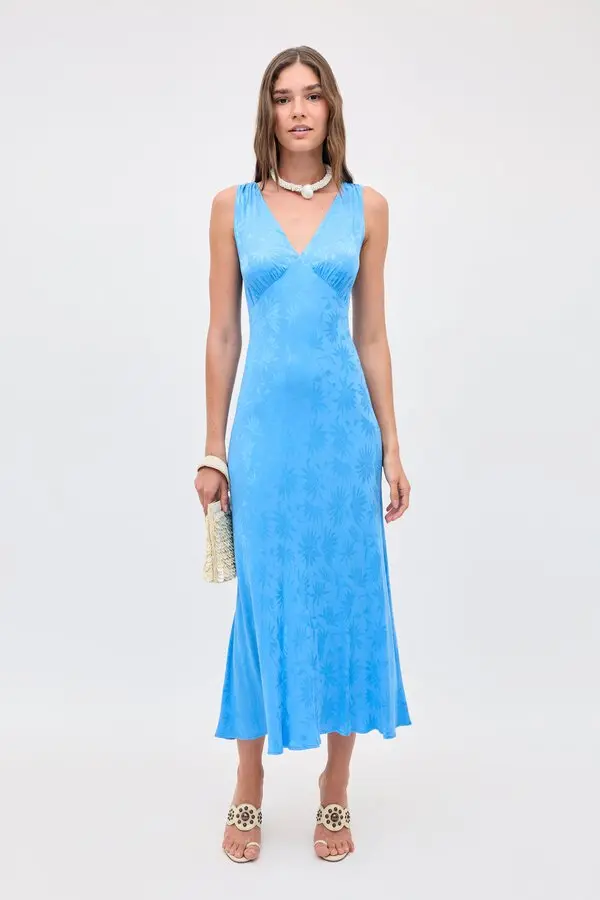 Rixo Sandrine Daisy Jacquard V-neck Midi Dress - Blue