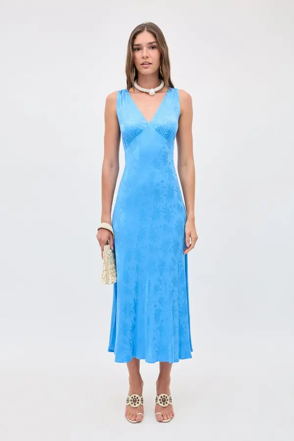 Rixo Sandrine Daisy Jacquard V-neck Midi Dress - Blue