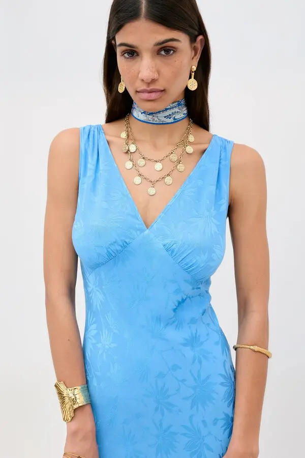 Rixo Sandrine Daisy Jacquard V-neck Midi Dress - Blue