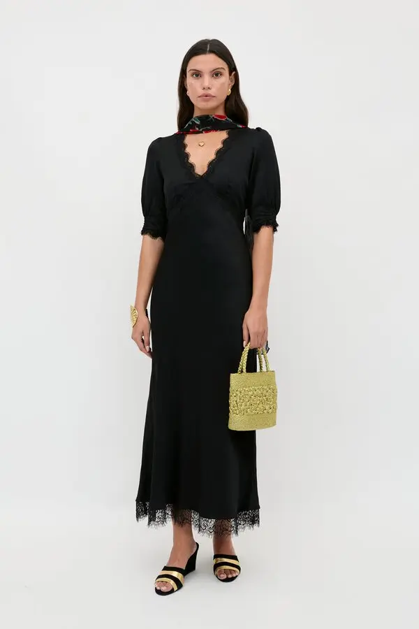 Rixo Annina Satin Midi Dress - Black