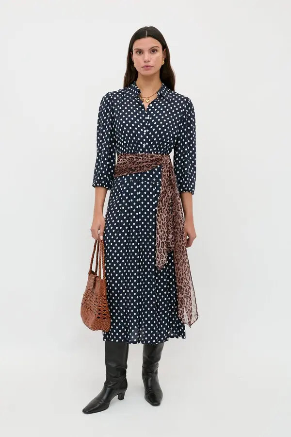 Rixo Izzy Runway Spot Pleated Shirtdress Regular - Navy
