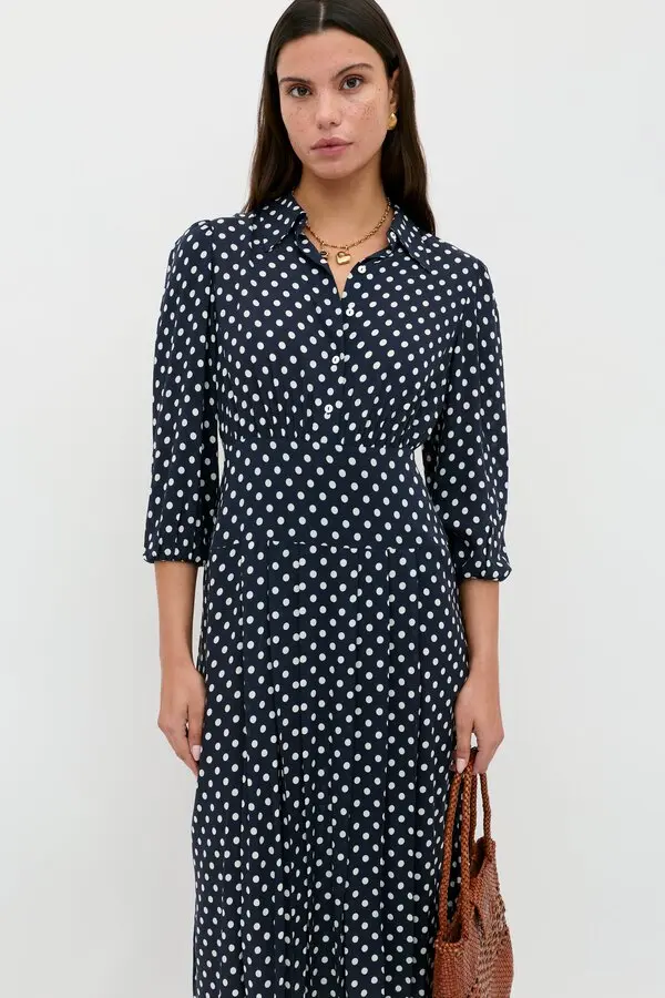 Rixo Izzy Runway Spot Pleated Shirtdress - Navy