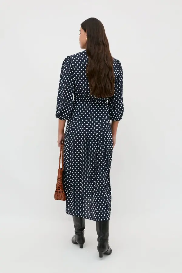 Rixo Izzy Runway Spot Pleated Shirtdress - Navy