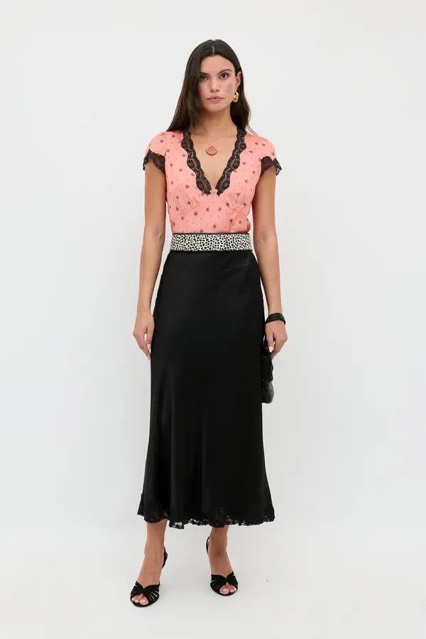 Rixo Crystal Lace-hem Midi Skirt Regular - Black