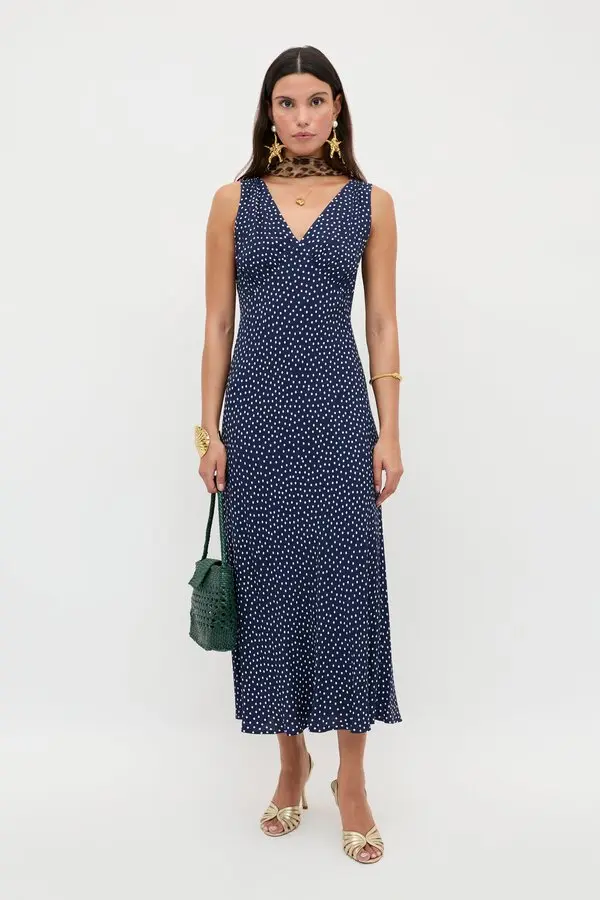Rixo Sandrine Mini Dot V-neck Midi Dress Regular - Navy