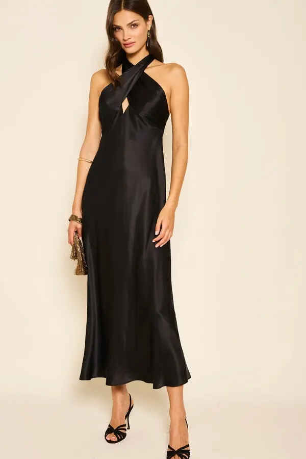 Rixo Dune Silk Midi Dress Regular - Black
