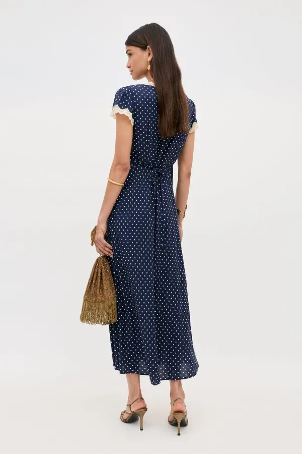 Rixo Clarice Polka Dot Lace V-neck Dress - Navy