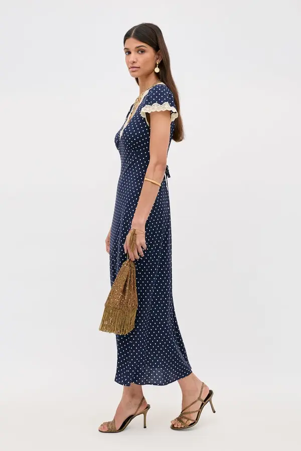 Rixo Clarice Polka Dot Lace V-neck Dress - Navy