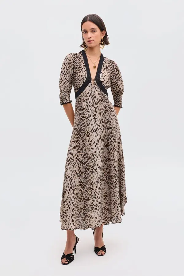 Rixo Amina Antelope Spot Black Viscose Midi Dress Regular - Brown