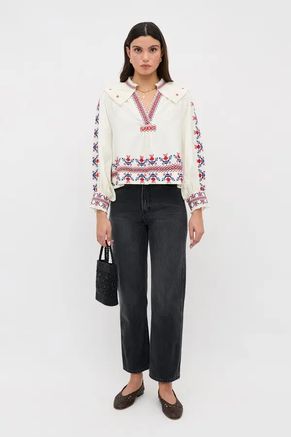 Rixo Brisella Gea Geo Embroidery Blouse