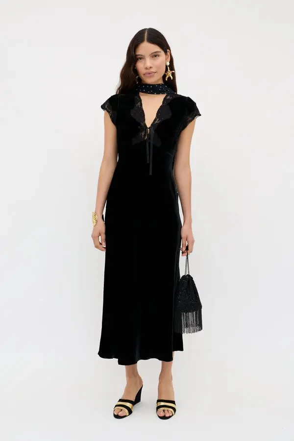 Rixo Amari Velvet Midi Dress Regular - Black