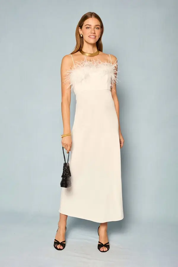 Rixo Selene Feather Midi Dress Regular - Ivory