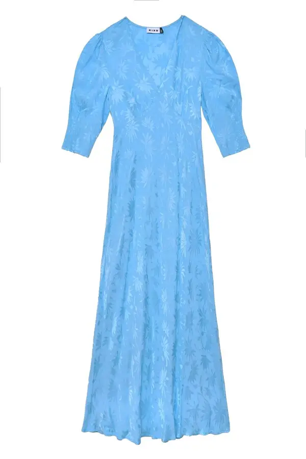 Rixo Zadie Daisy Jacquard V-neck Midi Dress - Blue