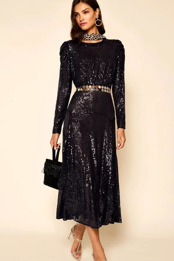 Rixo Cerise Sequin Sequin Midi Dress Regular - Navy