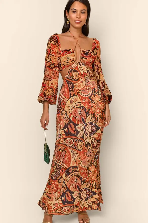 Rixo Kamilla Grace Paisley Canyon Silk Cut-out Dress Regular - Brown