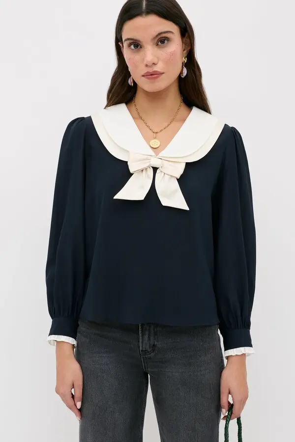 Rixo Eimer Bow-collar Silk Top Regular - Navy