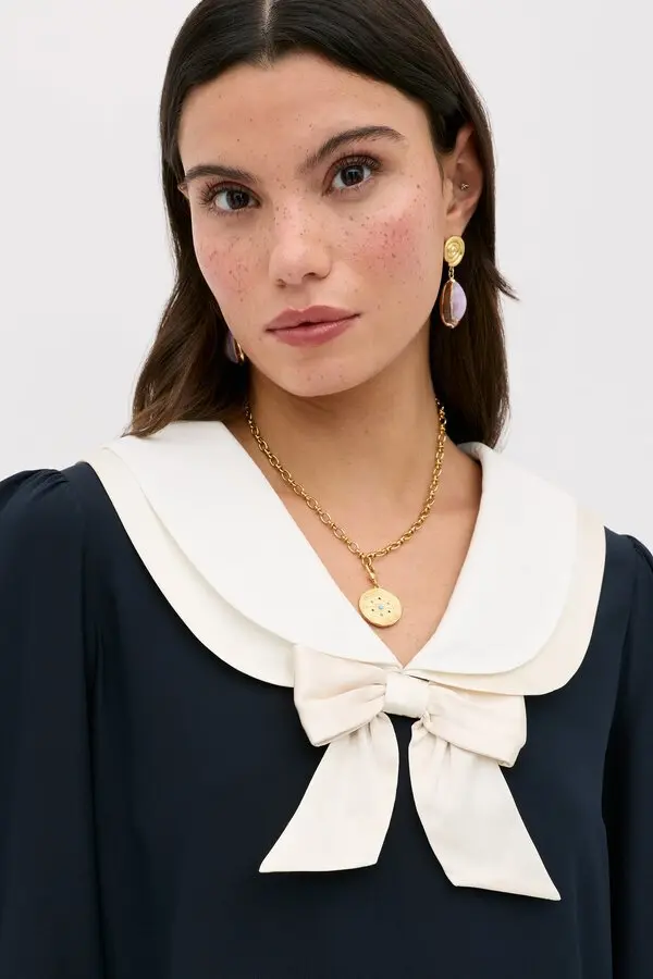 Rixo Eimer Bow-collar Silk Top Regular